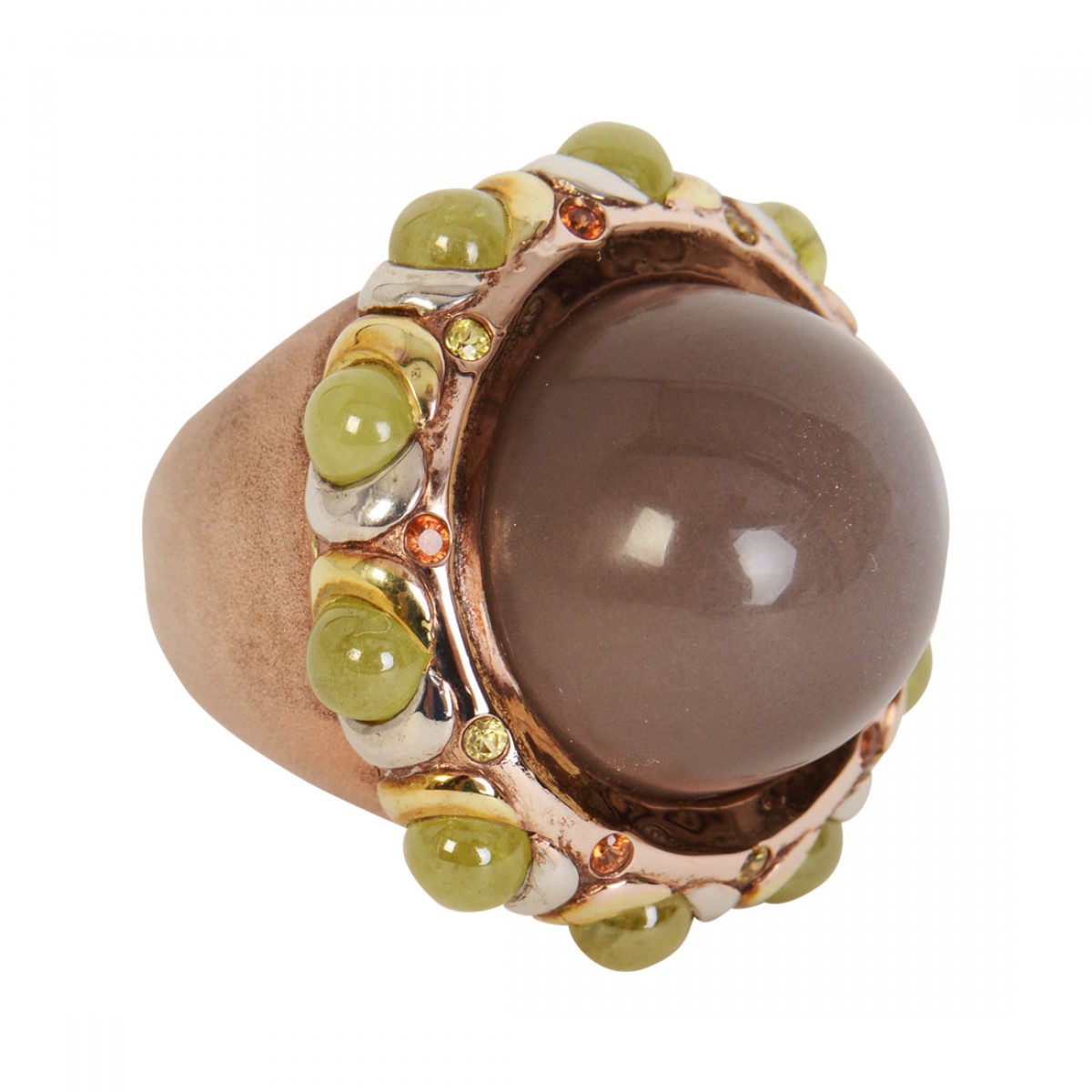 Marta Bordes Moonstone ring surrounded by half moon shaped prehnite and ...